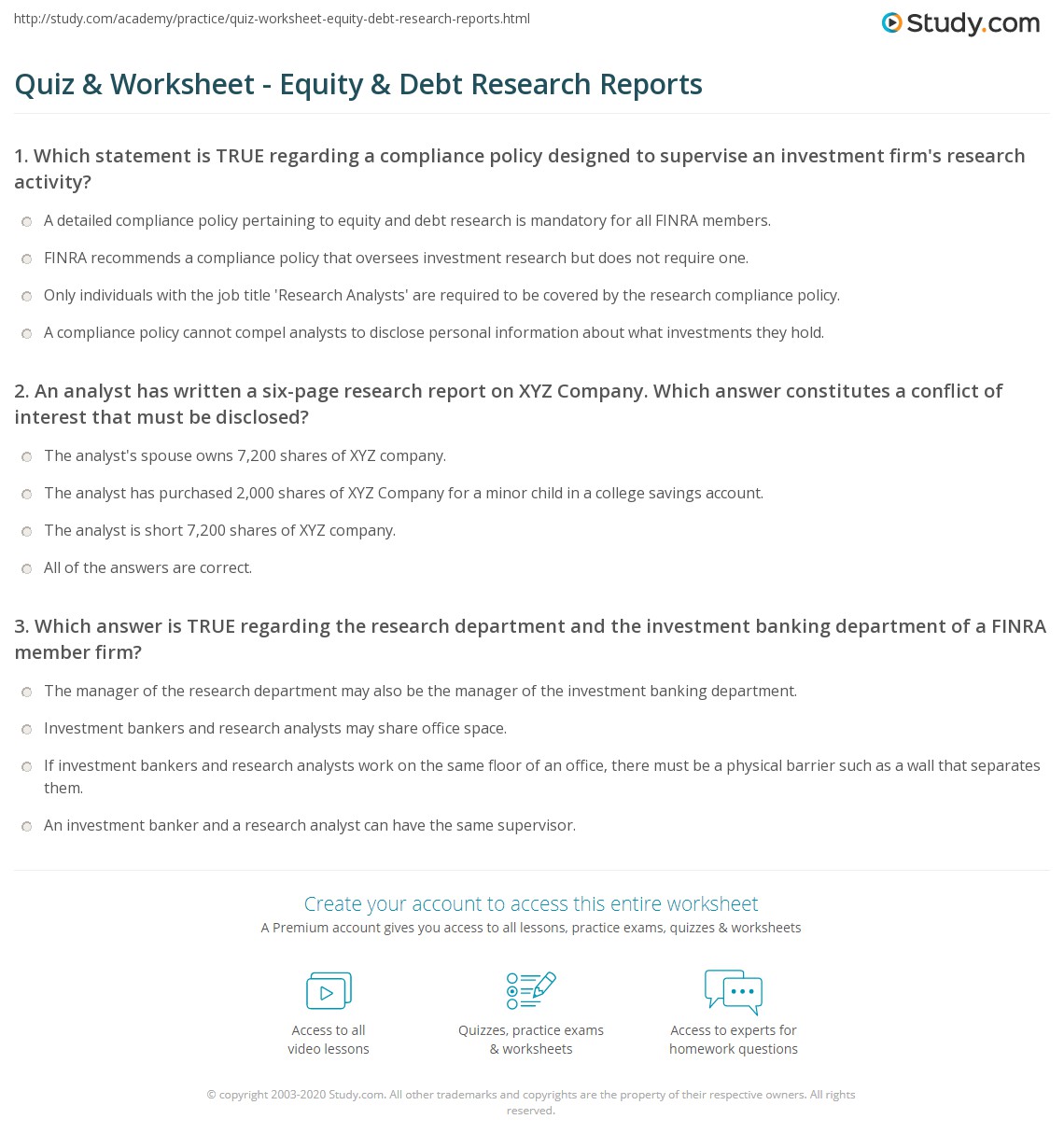 Quiz & Worksheet - Equity & Debt Research Reports | Study.com