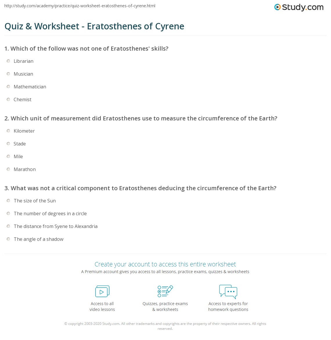 Quiz & Worksheet - Eratosthenes of Cyrene | Study.com