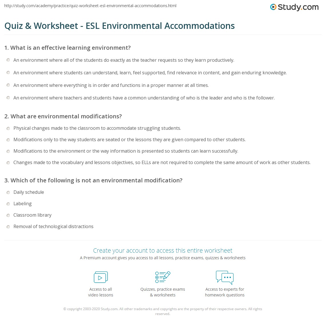 Quiz & Worksheet - ESL Environmental Accommodations | Study.com