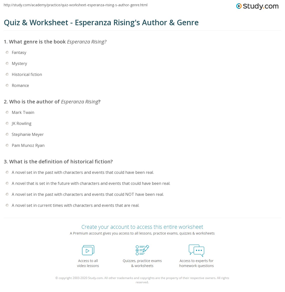 Quiz & Worksheet - Esperanza Rising's Author & Genre | Study.com