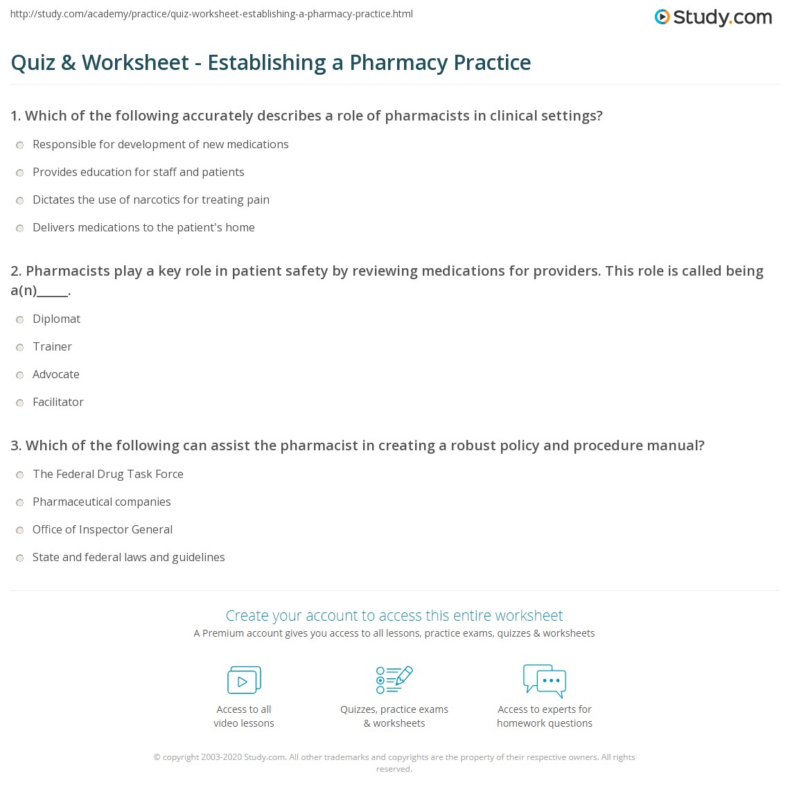 Quiz & Worksheet - Establishing a Pharmacy Practice | Study.com