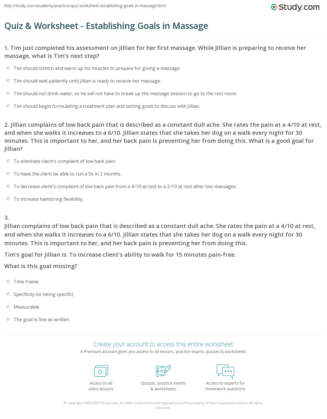 Quiz & Worksheet - Establishing Goals in Massage | Study.com