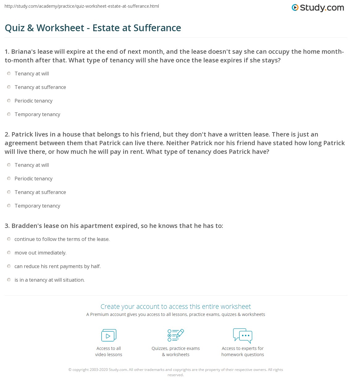 Quiz & Worksheet - Estate at Sufferance | Study.com