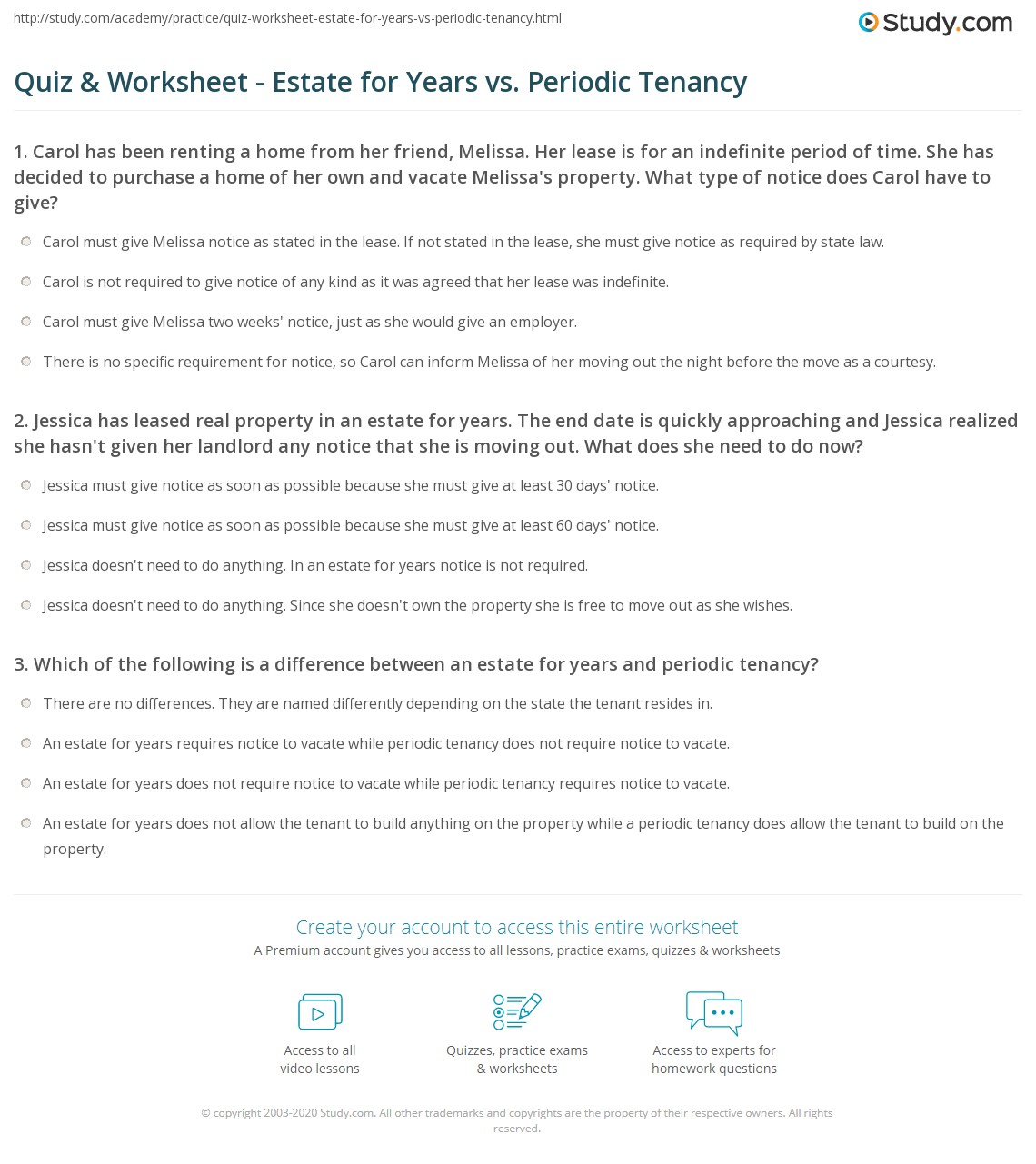 Quiz & Worksheet - Estate for Years vs. Periodic Tenancy | Study.com