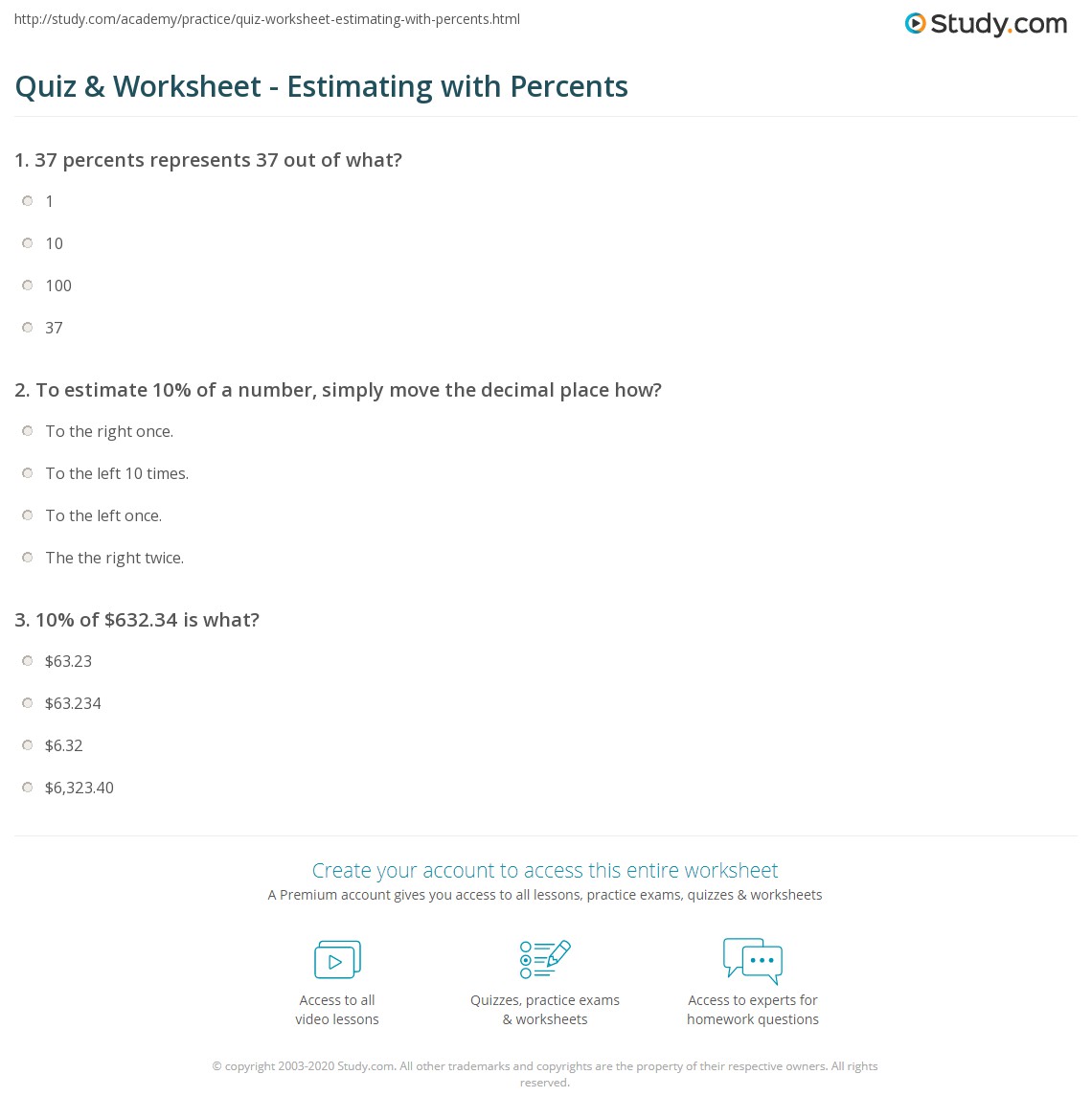 Quiz & Worksheet - Estimating with Percents | Study.com