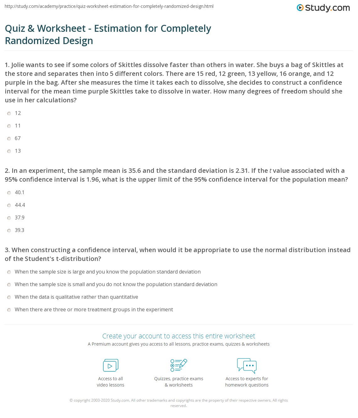 Quiz & Worksheet - Estimation for Completely Randomized Design | Study.com