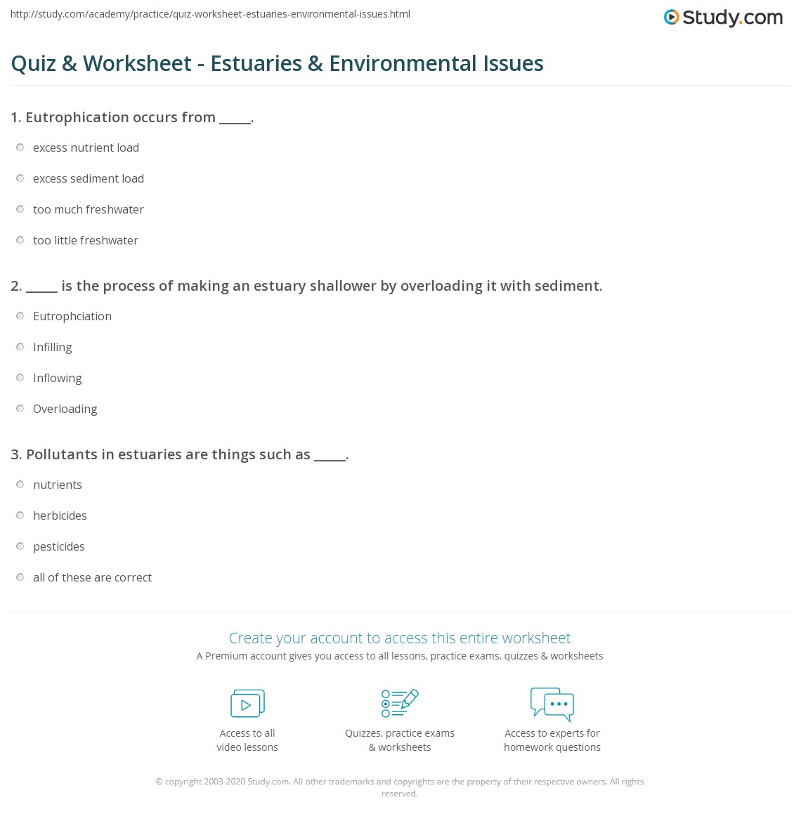 Quiz & Worksheet - Estuaries & Environmental Issues | Study.com