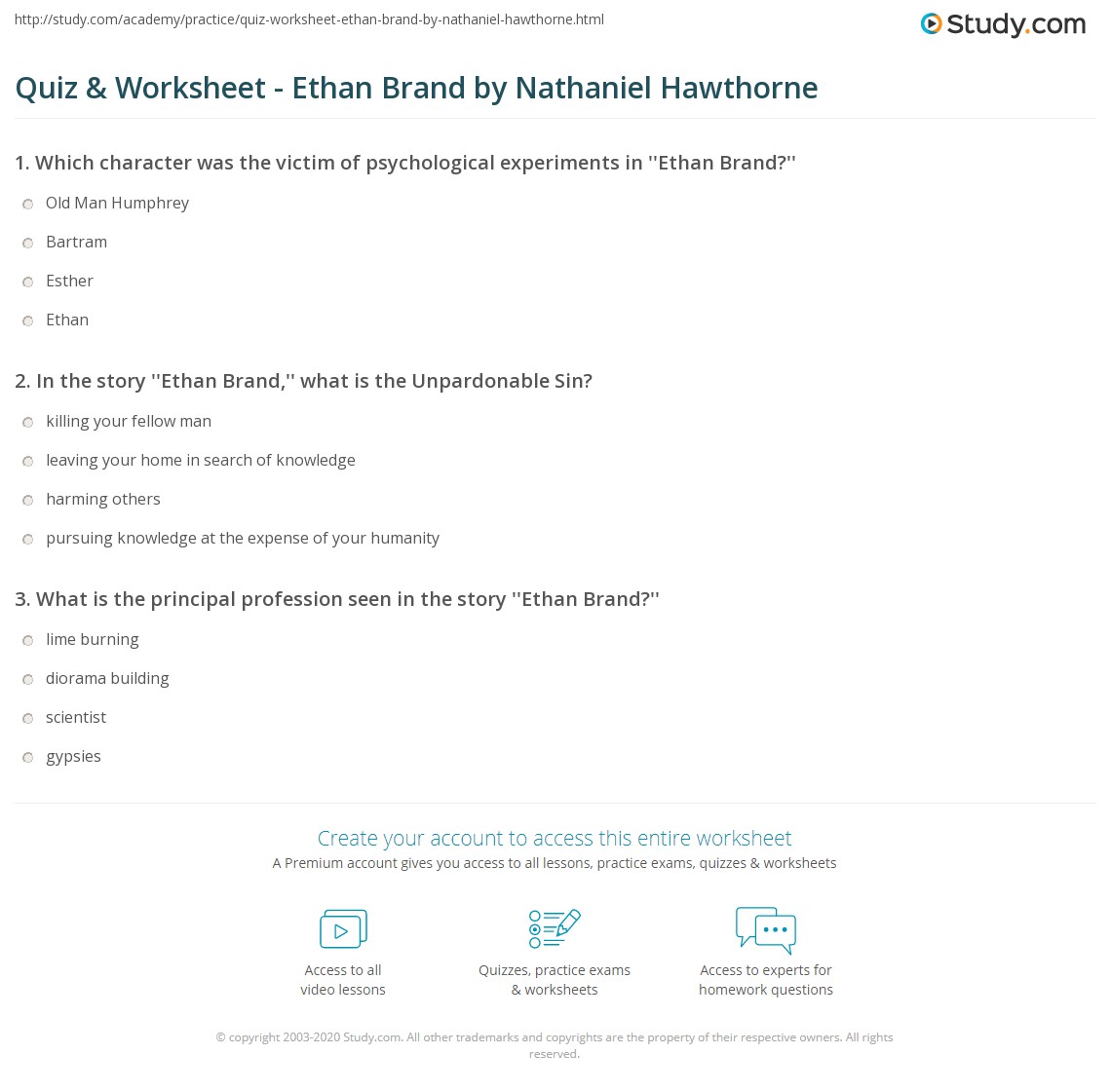 Quiz & Worksheet - Ethan Brand by Nathaniel Hawthorne | Study.com