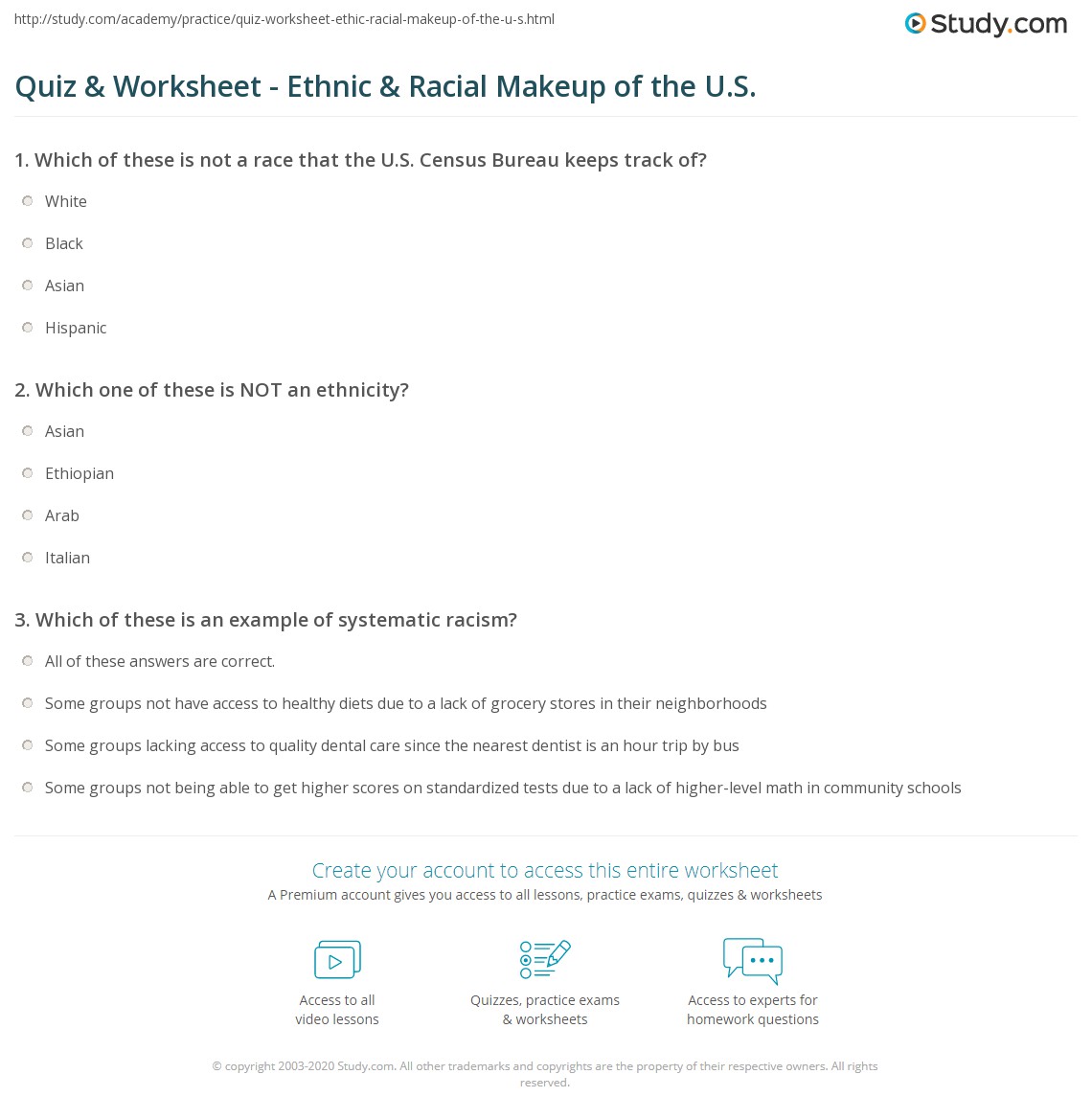 Quiz & Worksheet - Ethnic & Racial Makeup of the U.S. | Study.com