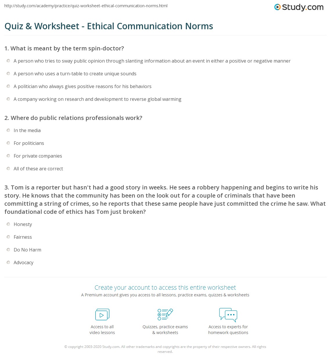 Quiz & Worksheet - Ethical Communication Norms | Study.com