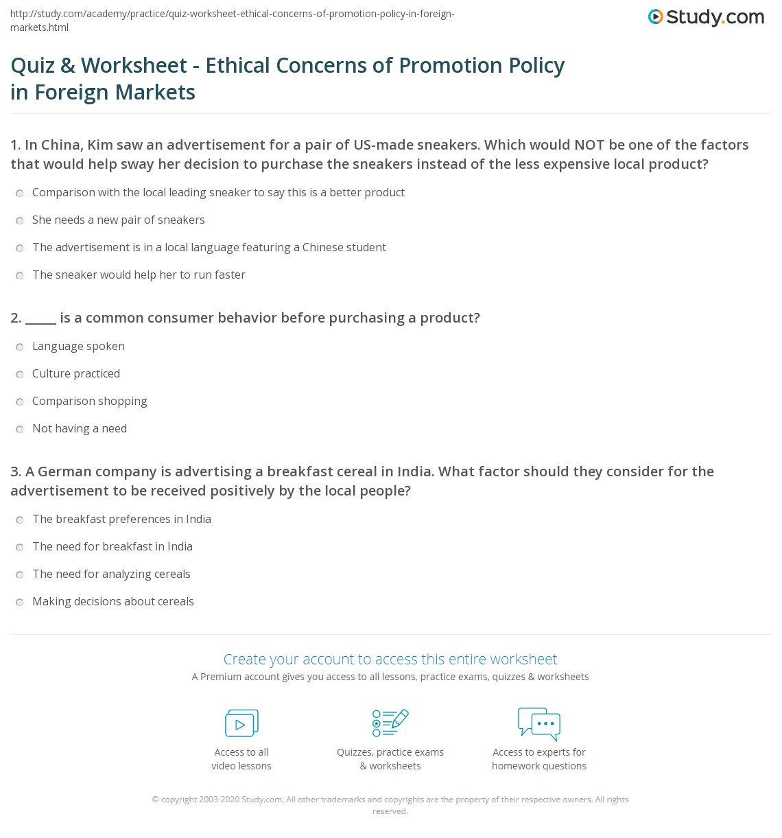 Quiz & Worksheet - Ethical Concerns of Promotion Policy in Foreign ...