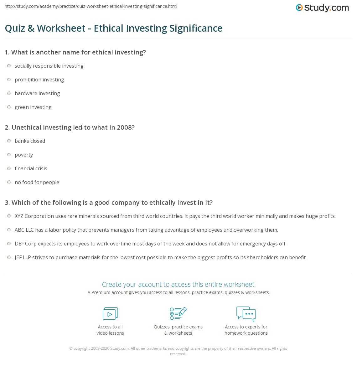 Quiz & Worksheet - Ethical Investing Significance | Study.com