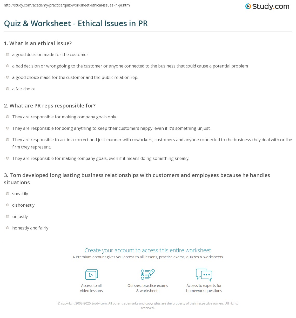 Quiz & Worksheet - Ethical Issues in PR | Study.com