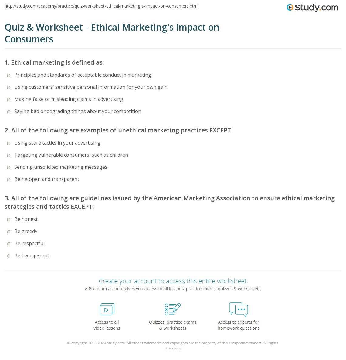Quiz & Worksheet - Ethical Marketing's Impact on Consumers | Study.com
