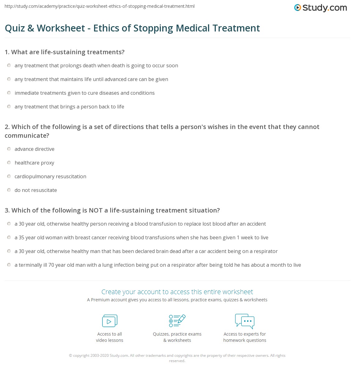 Quiz & Worksheet - Ethics of Stopping Medical Treatment | Study.com