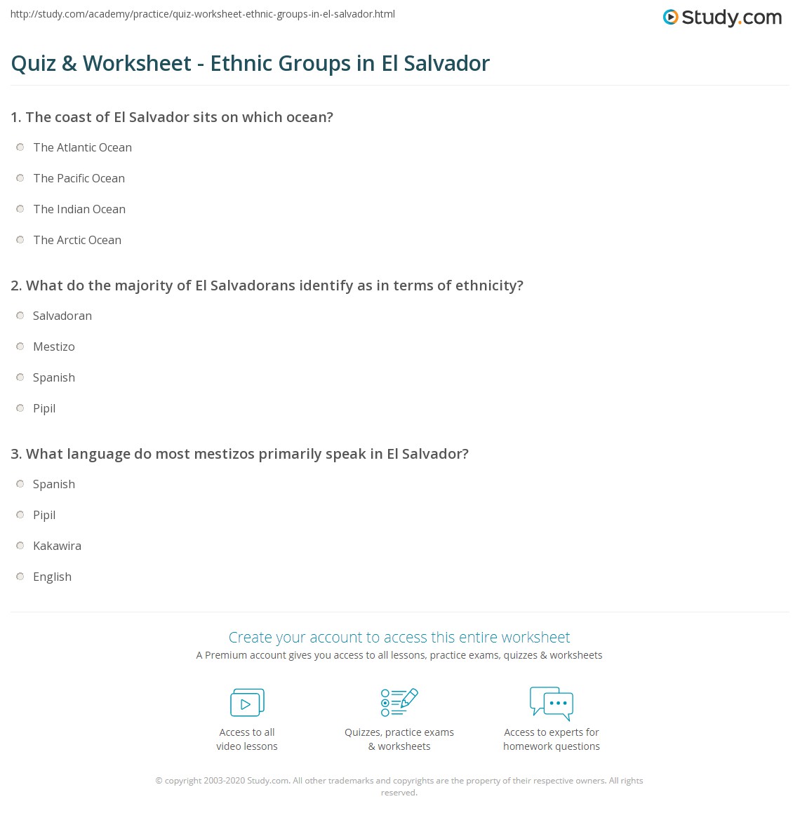 Quiz & Worksheet - Ethnic Groups in El Salvador | Study.com