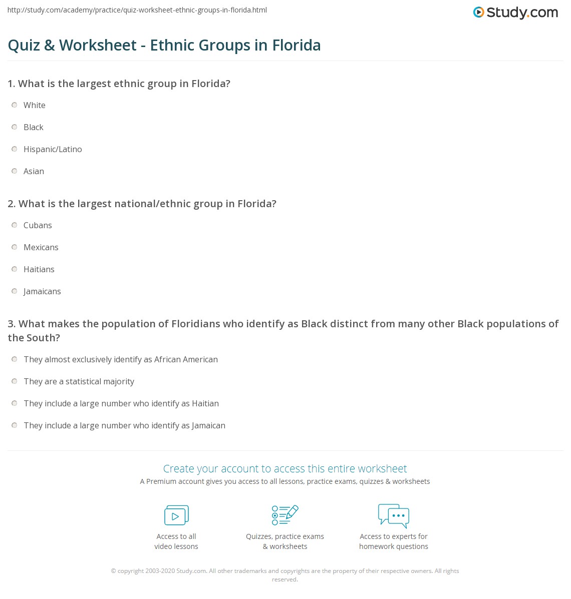 Quiz & Worksheet - Ethnic Groups in Florida | Study.com