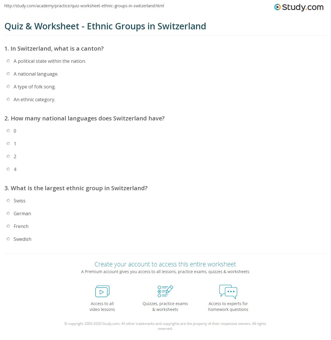 Quiz & Worksheet - Ethnic Groups in Switzerland | Study.com