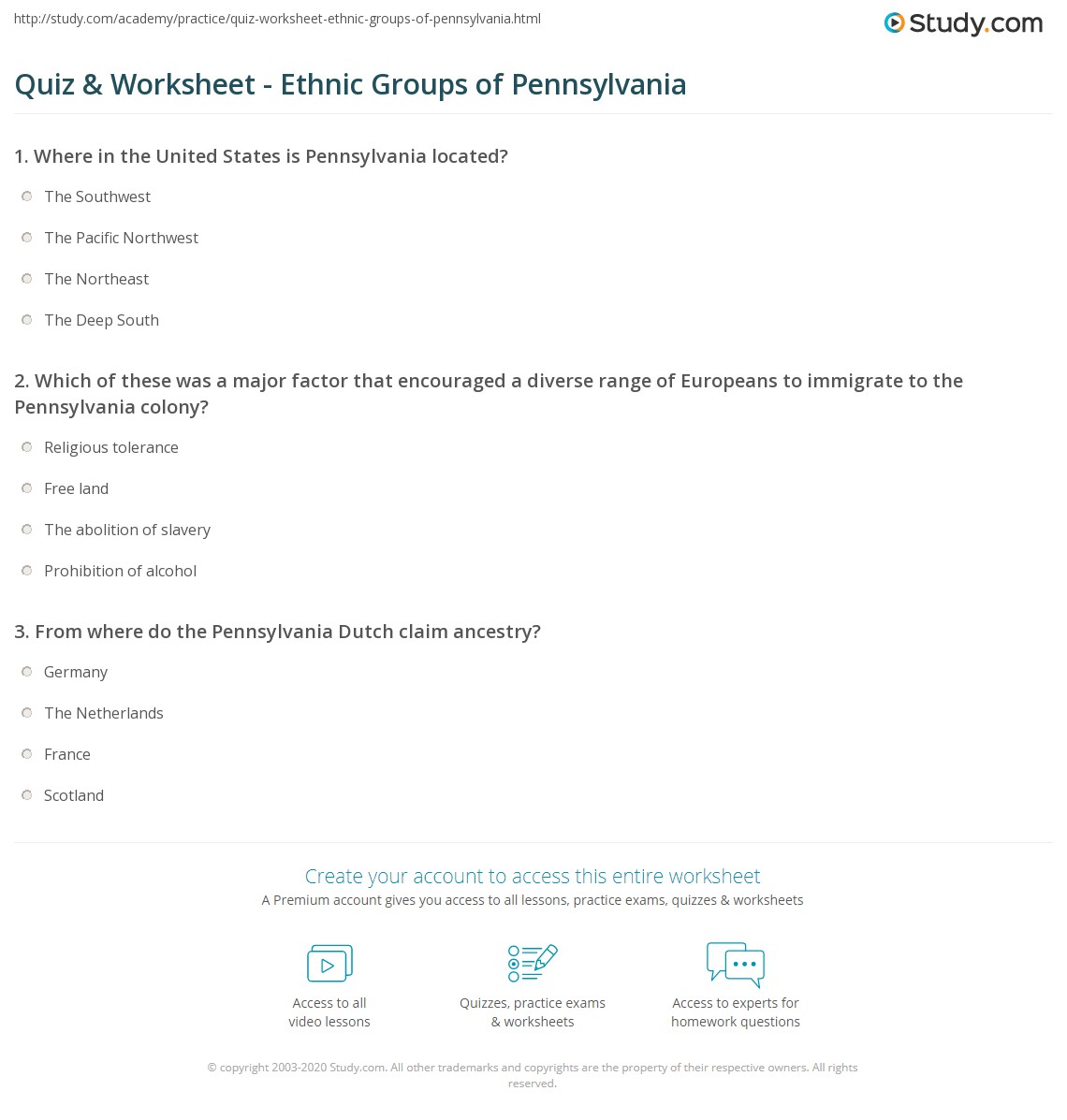 Quiz & Worksheet - Ethnic Groups of Pennsylvania | Study.com