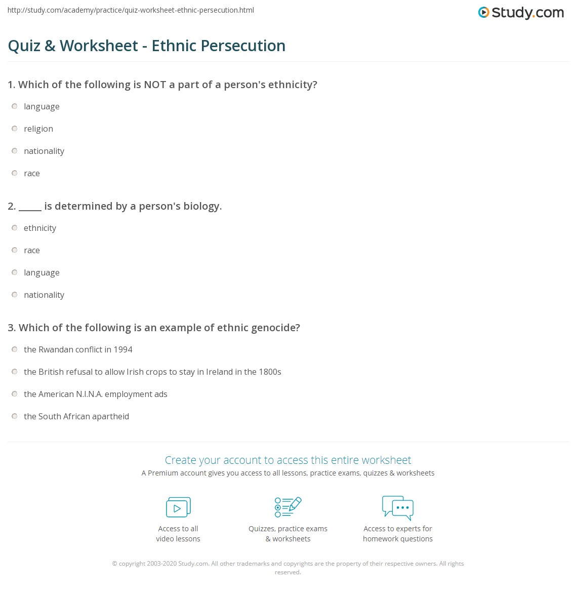 Quiz & Worksheet - Ethnic Persecution | Study.com