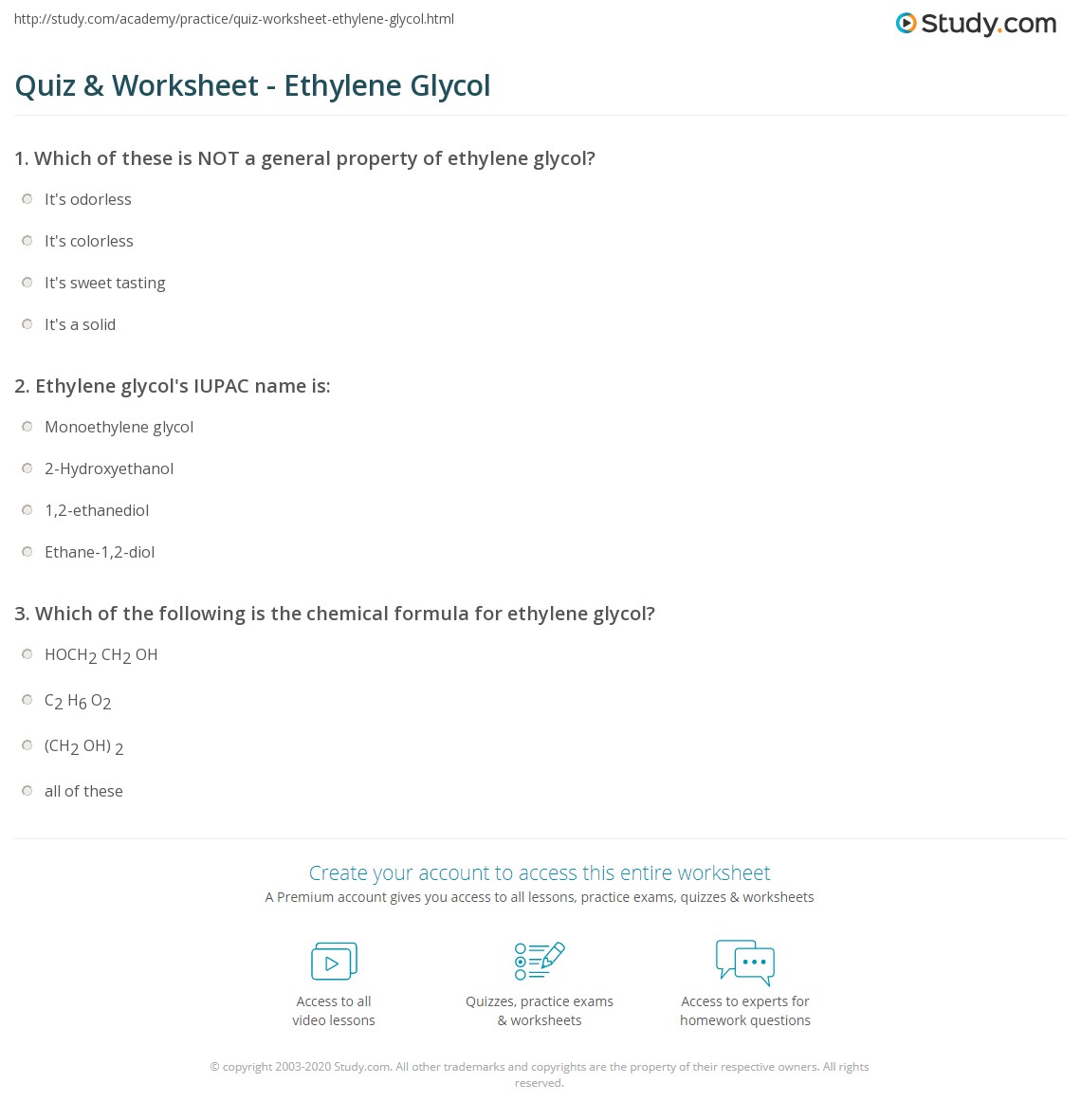 Quiz & Worksheet - Ethylene Glycol | Study.com