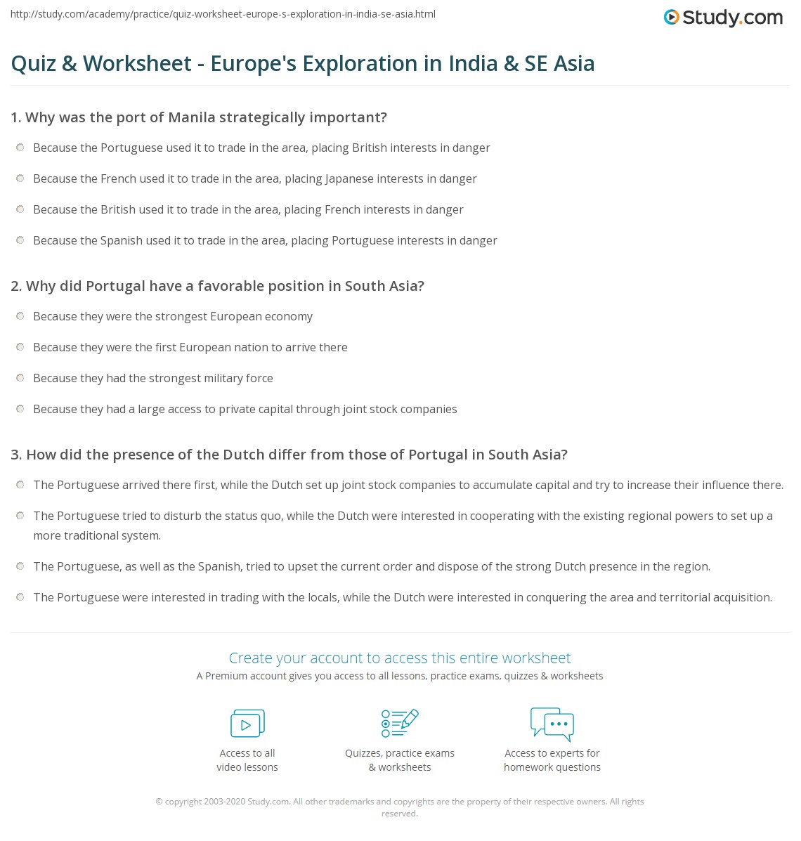 Quiz & Worksheet - Europe's Exploration in India & SE Asia | Study.com