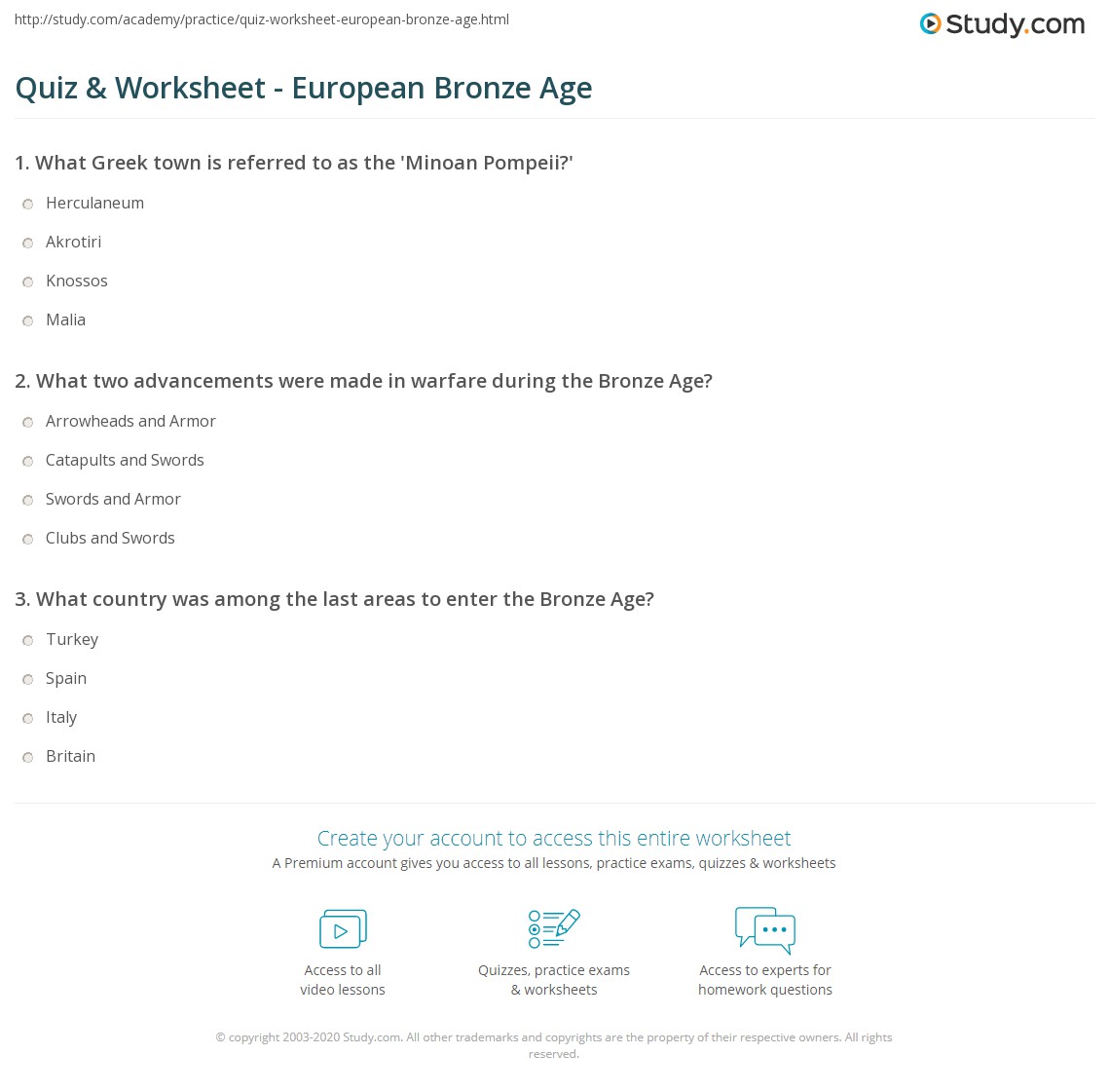 Quiz & Worksheet - European Bronze Age | Study.com