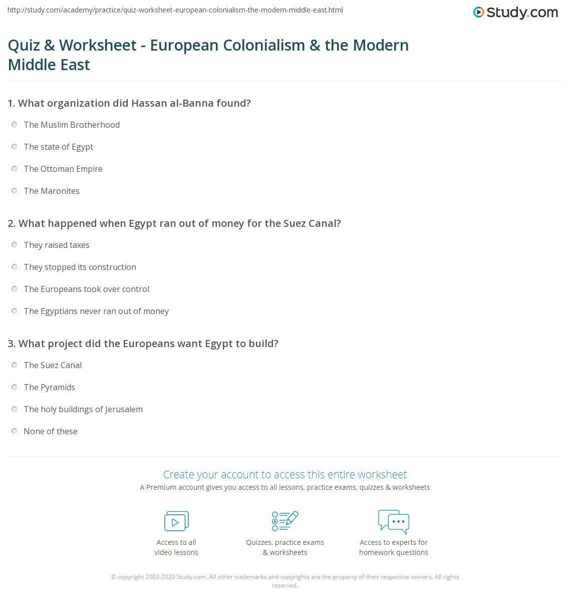 Quiz & Worksheet - European Colonialism & the Modern Middle East ...