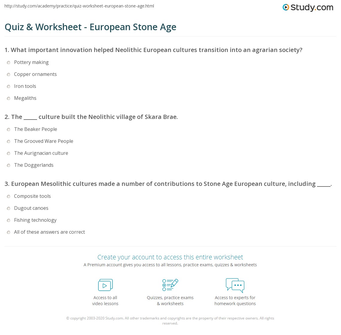 Quiz & Worksheet - European Stone Age | Study.com