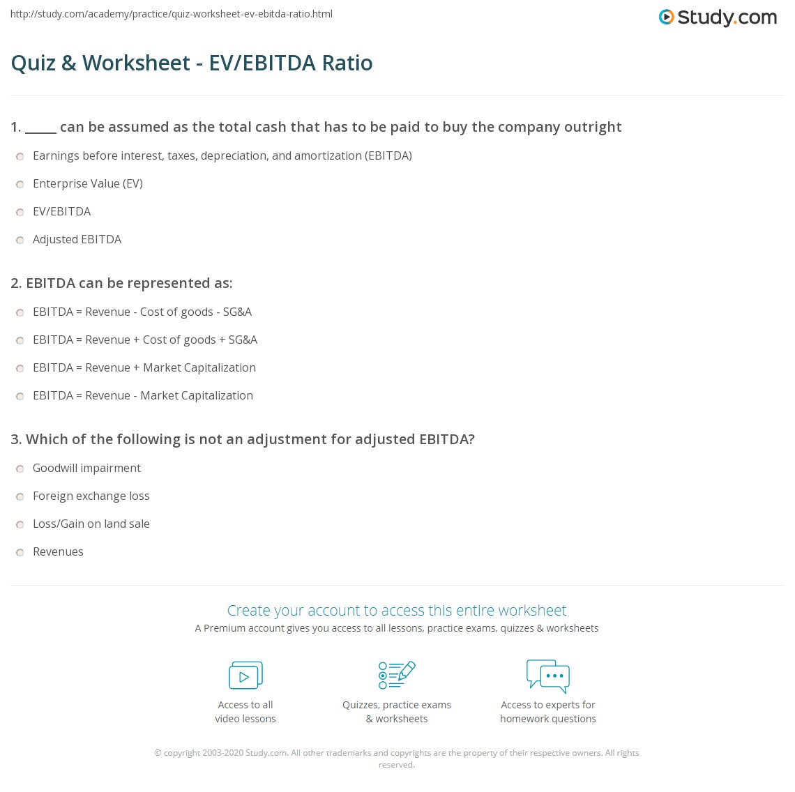 Quiz & Worksheet - EV/EBITDA Ratio | Study.com