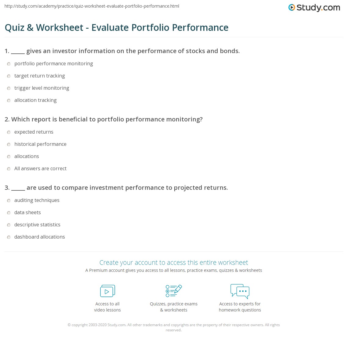Quiz & Worksheet - Evaluate Portfolio Performance | Study.com