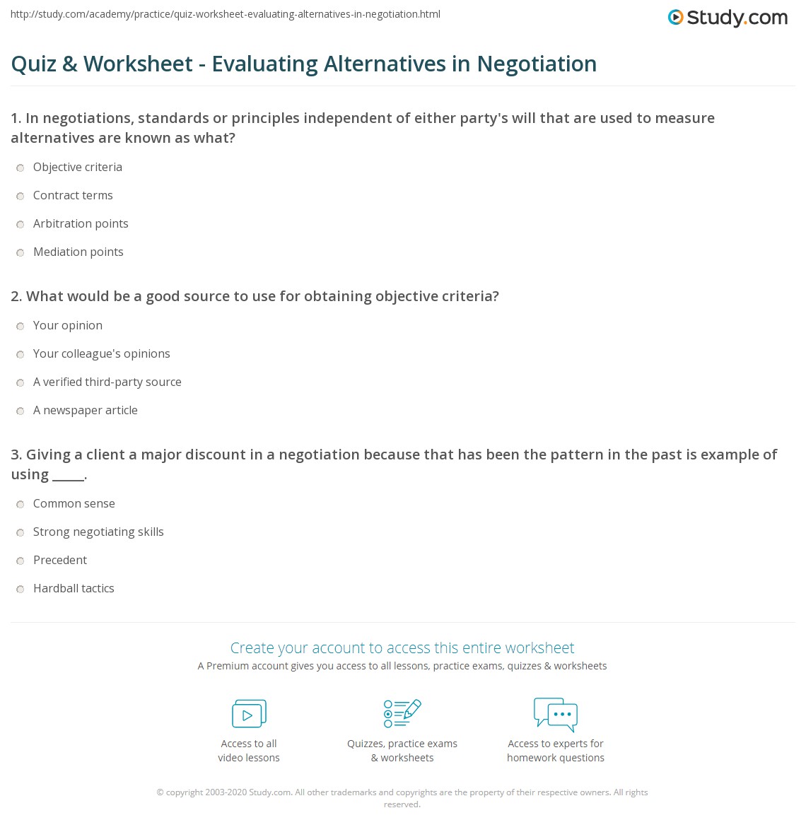 Quiz & Worksheet - Evaluating Alternatives in Negotiation | Study.com