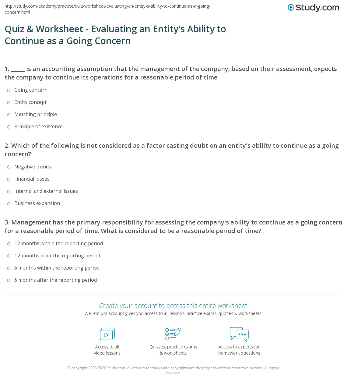 Quiz & Worksheet - Evaluating an Entity's Ability to Continue as a ...