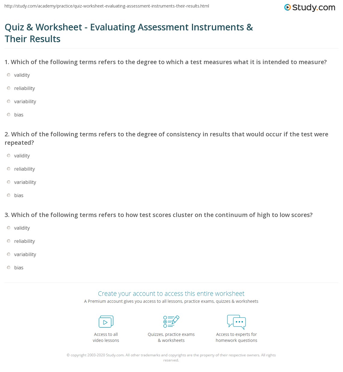 Quiz & Worksheet - Evaluating Assessment Instruments & Their Results ...