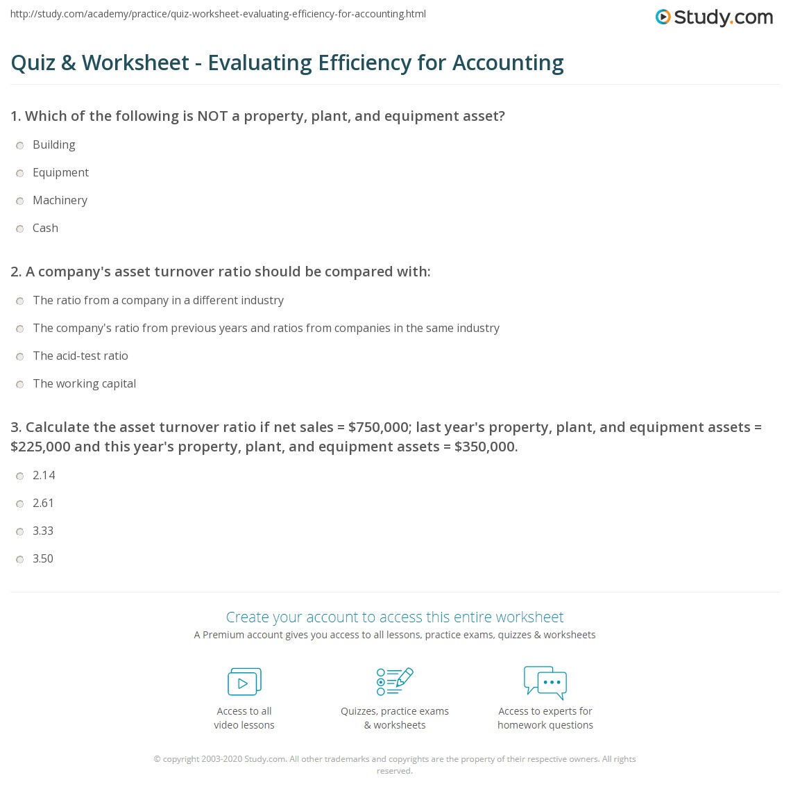 Quiz & Worksheet - Evaluating Efficiency for Accounting | Study.com