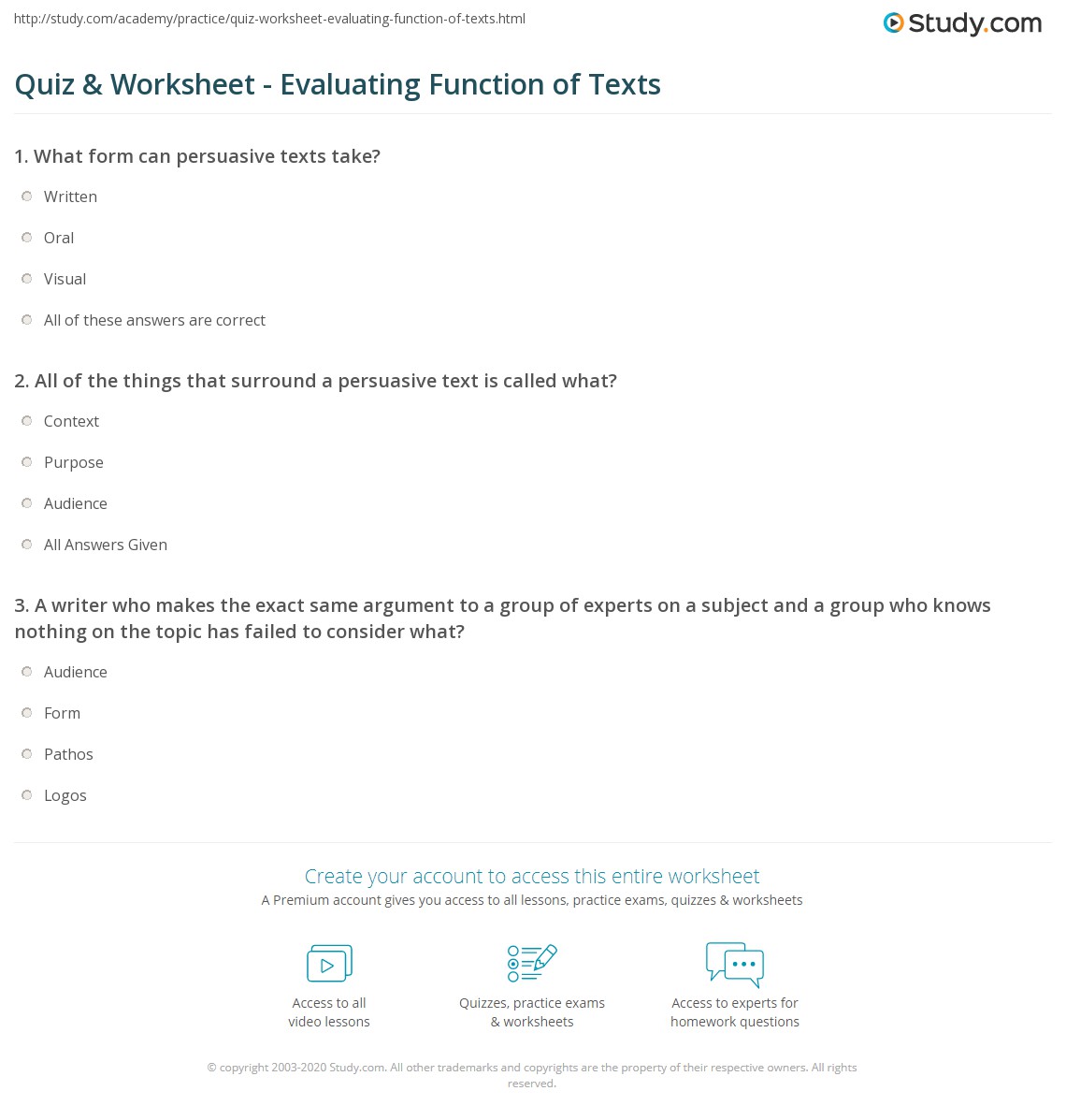 Quiz & Worksheet - Evaluating Function of Texts | Study.com