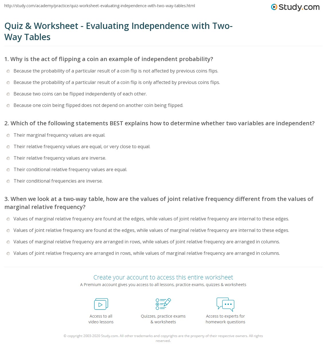 Quiz Worksheet Evaluating Independence With Two Way Tables Study Quiz Worksheet Evaluating Independence With Two Way Tables Study