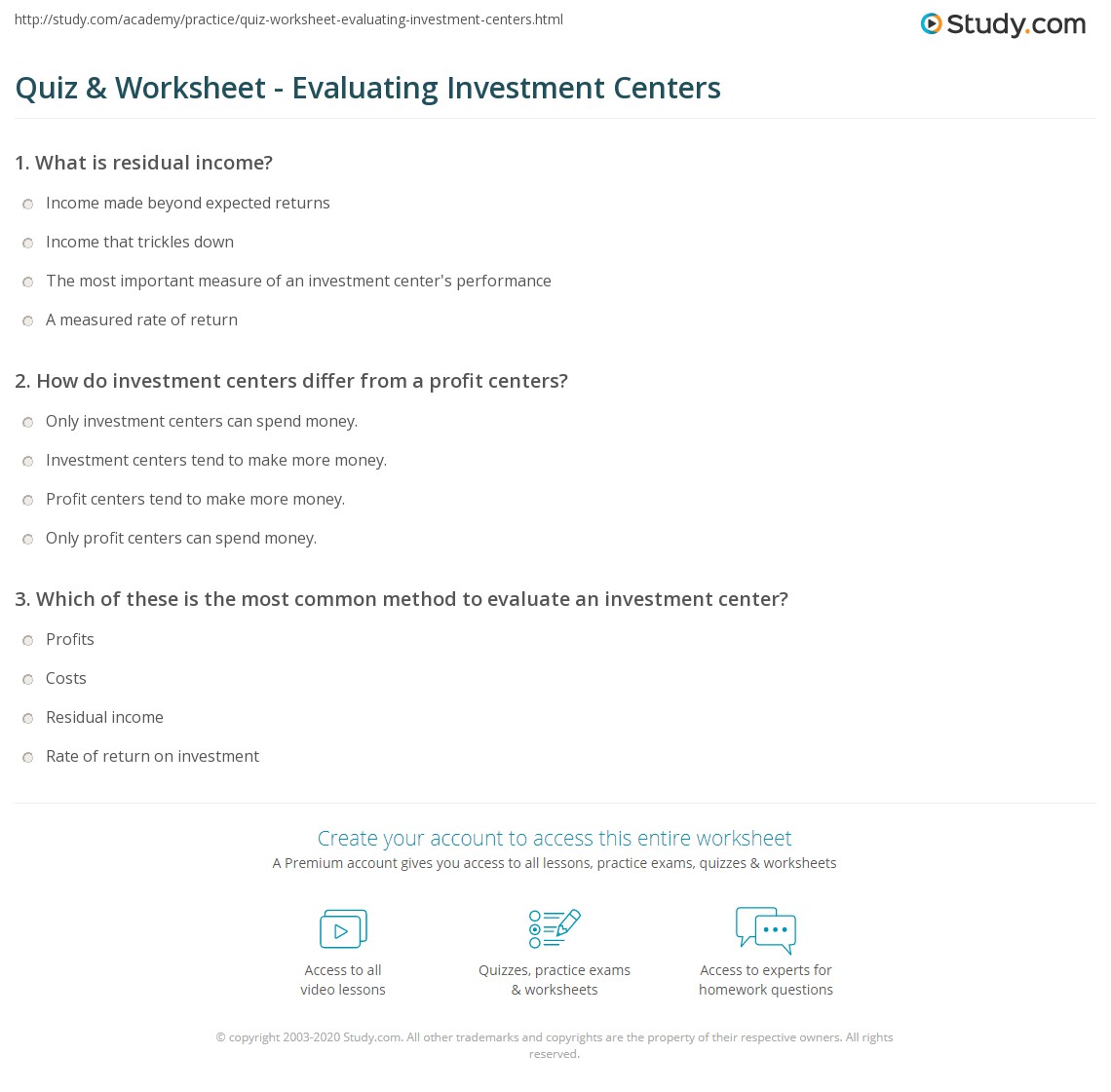 Quiz & Worksheet - Evaluating Investment Centers | Study.com