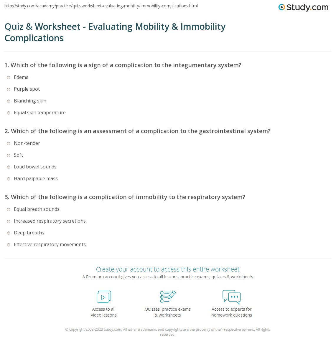 Quiz & Worksheet - Evaluating Mobility & Immobility Complications ...