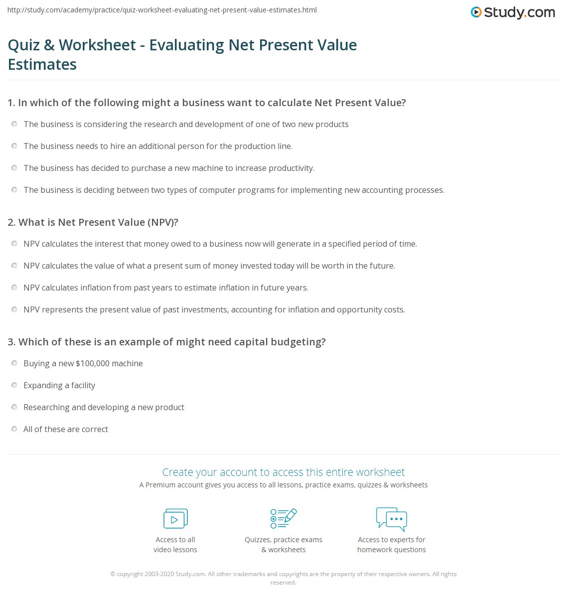 Quiz & Worksheet - Evaluating Net Present Value Estimates | Study.com