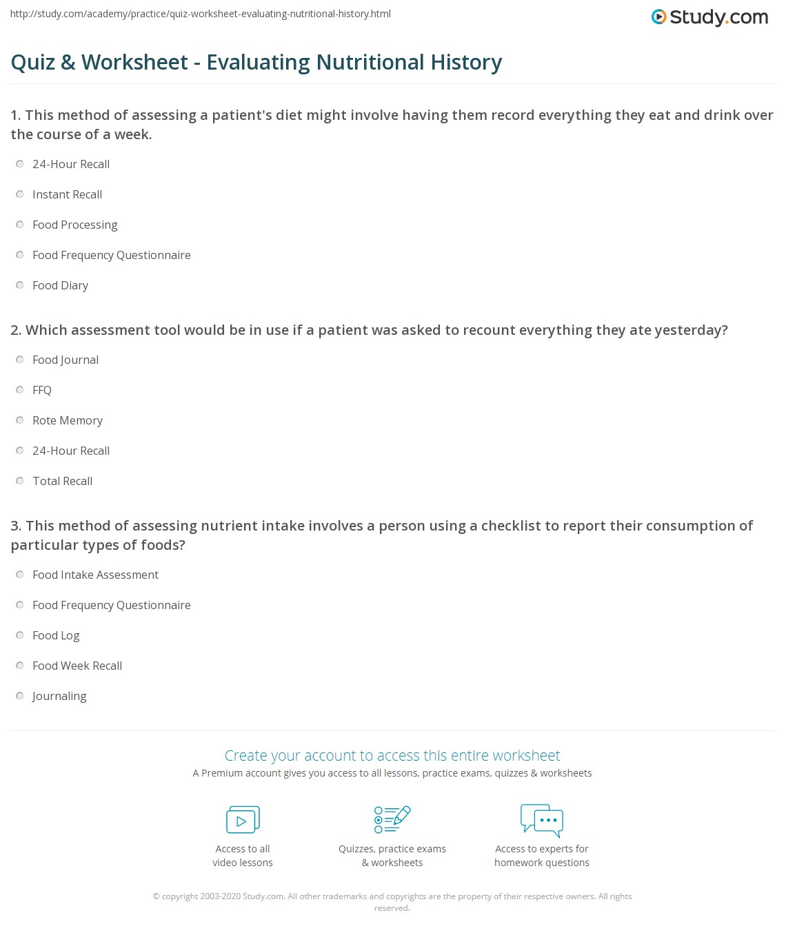 Quiz & Worksheet - Evaluating Nutritional History | Study.com