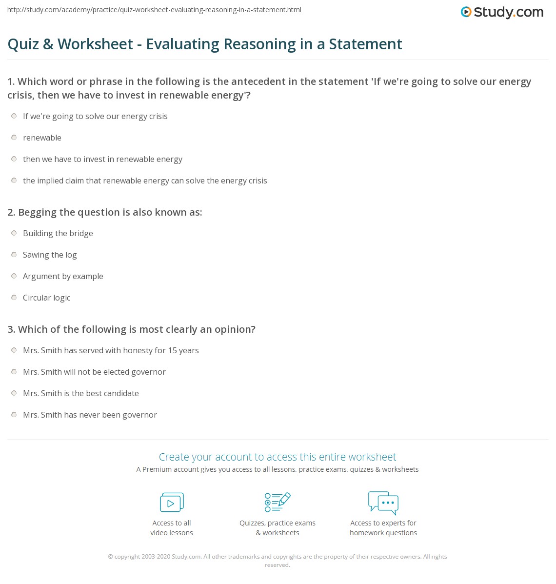 Quiz & Worksheet - Evaluating Reasoning in a Statement | Study.com