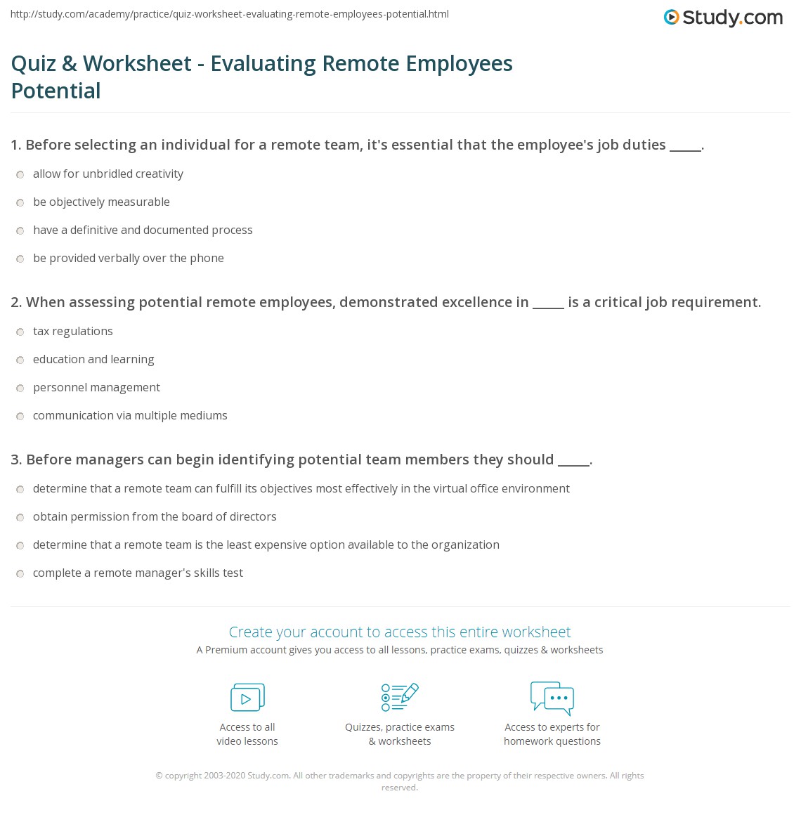 Quiz & Worksheet - Evaluating Remote Employees Potential | Study.com