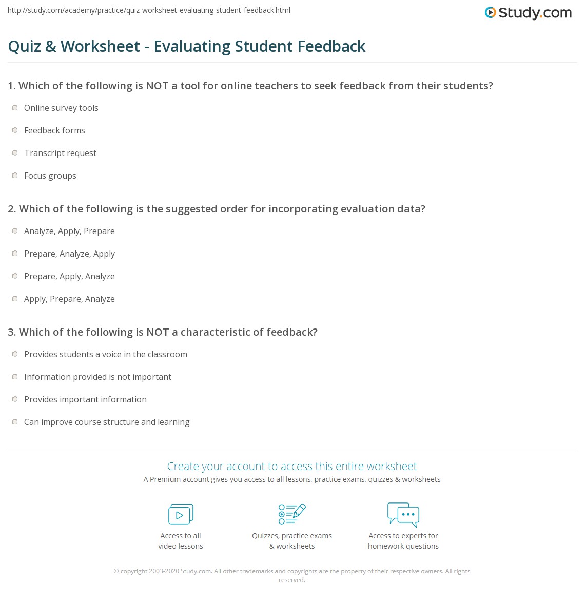 Quiz & Worksheet - Evaluating Student Feedback | Study.com
