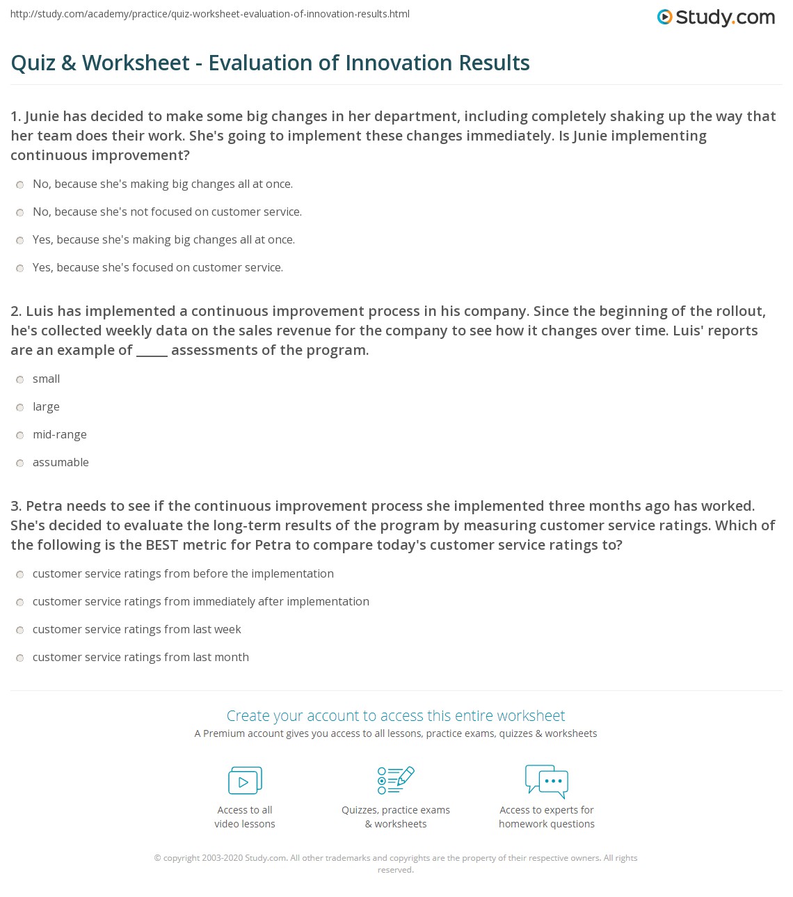 Quiz & Worksheet - Evaluation of Innovation Results | Study.com