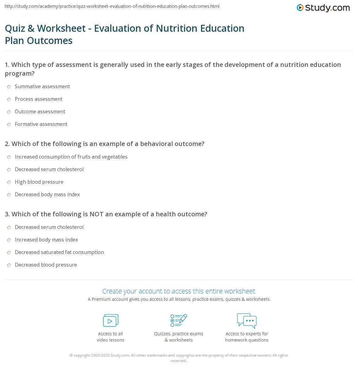 Quiz & Worksheet - Evaluation of Nutrition Education Plan Outcomes ...