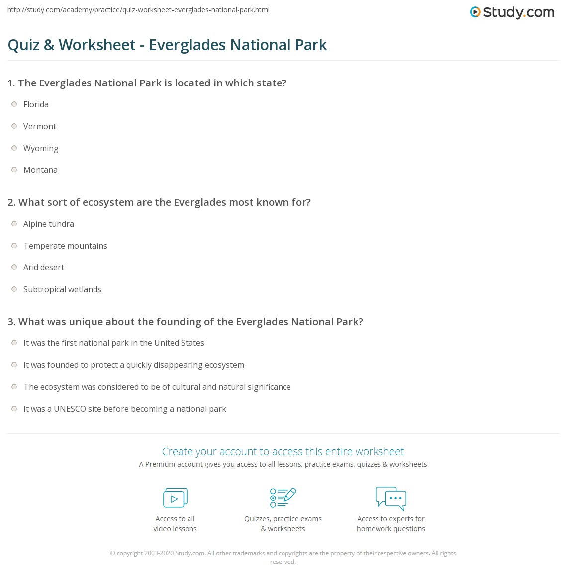 Quiz & Worksheet - Everglades National Park | Study.com