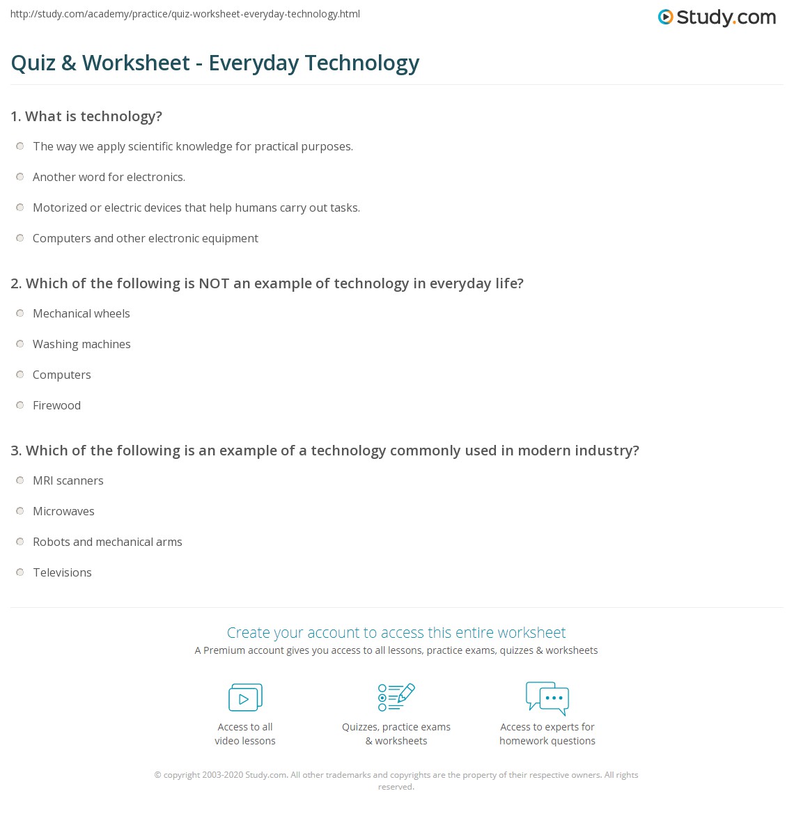 Quiz & Worksheet - Everyday Technology | Study.com