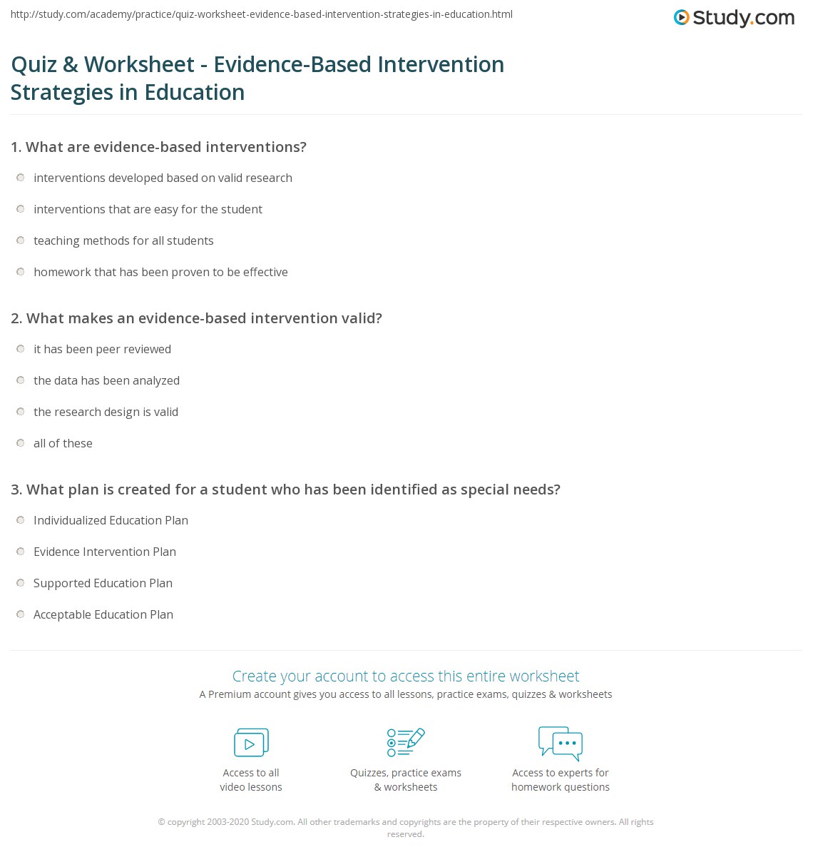 Quiz & Worksheet - Evidence-Based Intervention Strategies in Education ...