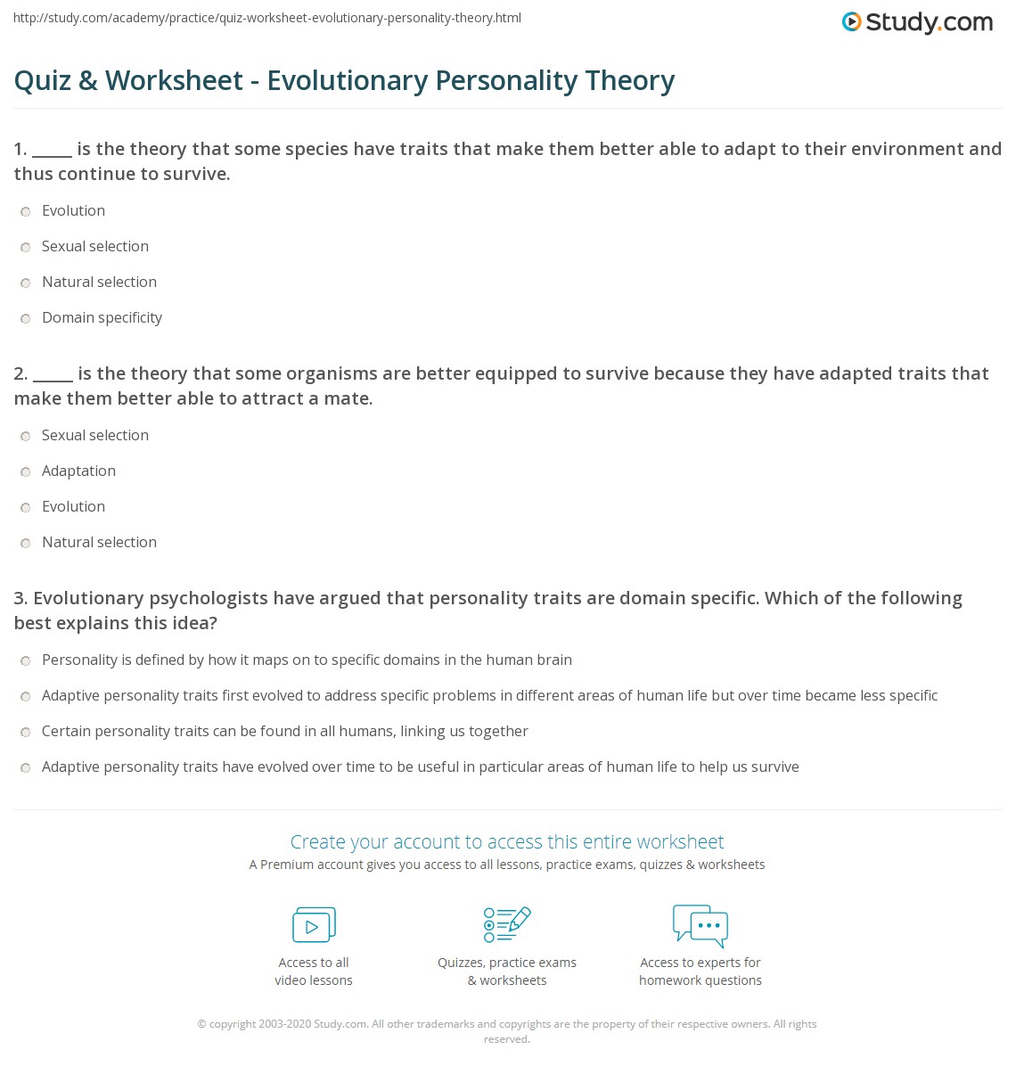 Quiz & Worksheet - Evolutionary Personality Theory | Study.com